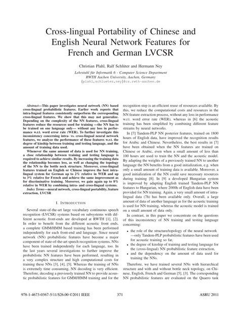 Pdf Cross Lingual Portability Of Chinese And English Neural Network Features For French And