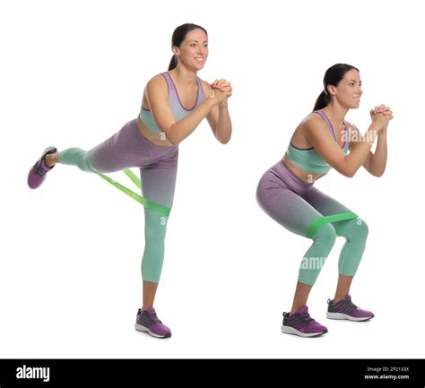 Woman Doing Sportive Exercises With Fitness Elastic Band On White