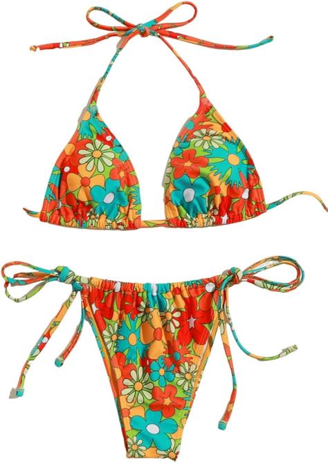 Womens Floral Print 2 Piece Swimsuits Cute Bikini Set Halter Triangle Sexy Bathing Suit