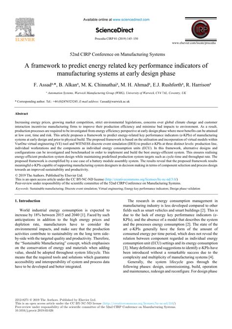 Pdf A Framework To Predict Energy Related Key Performance Indicators Of Manufacturing Systems