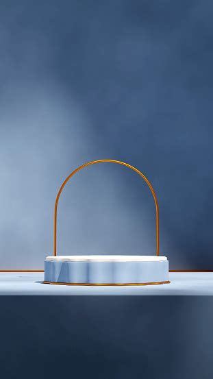 세로 골드 메탈릭 아치 배경의 흰색 파란색 실린더 연단 3d 빈 공간 렌더링 0명에 대한 스톡 사진 및 기타 이미지 0명