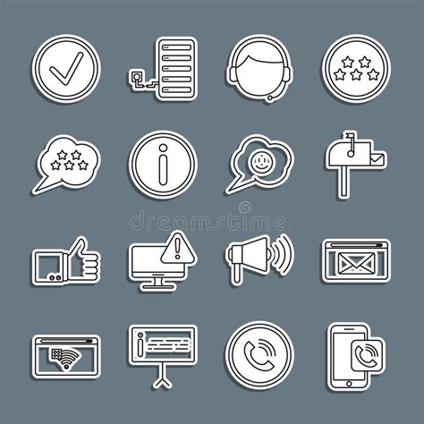 Set Line Mobile Phone Call Mail And E Mail Open Box Man With Headset Information Five Stars