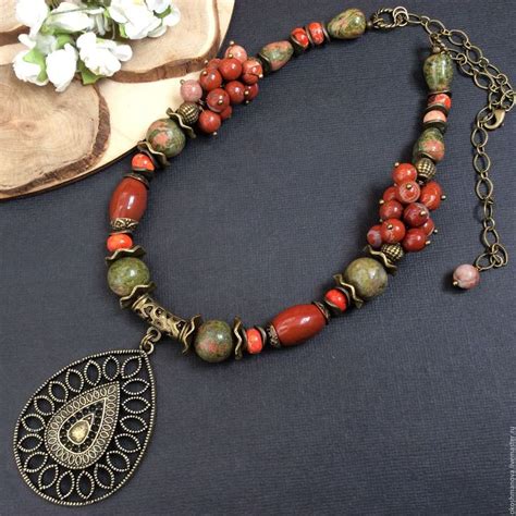 Бусы на цепочке с кулоном из яшмы унакит яшмы и варисцита в интернет магазине на Ярмарке