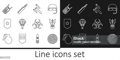 목표물 핵폭탄 로켓 낙하산 갈매기 모양 군용 인식표 생물학적 위험 기호 및 총알 아이콘이 있는 라인 레이더를 설정합니다 벡터 라인아트에 대한 스톡 벡터 아트 및 기타 이미지