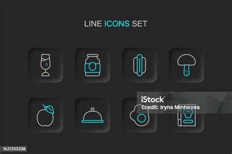 세트 라인 요리책 스크램블 에그 음식 트레이 매실 과일 버섯 핫도그 잼 항아리 및 와인 유리 아이콘으로 덮여 있습니다 벡터 가리기에 대한 스톡 벡터 아트 및 기타 이미지