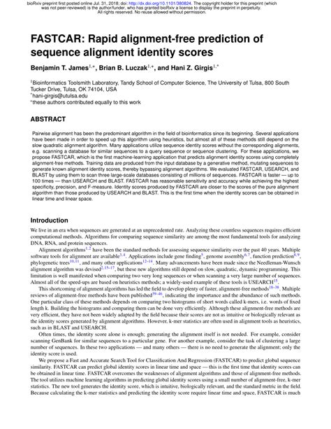 Pdf Fastcar Rapid Alignment Free Prediction Of Sequence Alignment Identity Scores