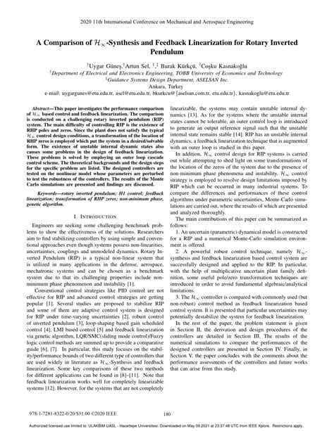 Pdf A Comparison Of ℋ ∞ Synthesis And Feedback Linearization For