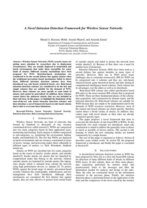 Pdf A Novel Intrusion Detection Framework For Wireless Sensor Networks