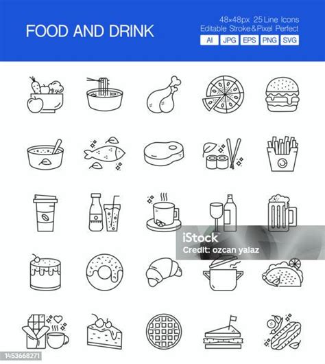 음식과 음료 얇은 선 벡터 아이콘 세트입니다 디자인은 편집 가능하며 색상을 변경할 수 있습니다 창의력 아이콘의 벡터 세트 스테이크 치킨 초밥 피자 햄버거 에스프레소 물