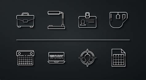 세트 라인 서류 가방 달력 티백이 있는 차 한잔 머리 사냥 개념 노트북 텍스트 작업 테이블 램프 파일 문서 및 식별 배지 아이콘 벡터 가구에 대한 스톡 벡터 아트 및 기타
