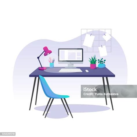잘 조직 된 직장 벡터 일러스트레이션 홈 오피스 집에서 일하십시오 책상 위에 있는 컴퓨터 문구류 하우스플랜트 여성을 위한 직장 책상에 대한 스톡 벡터 아트 및 기타 이미지