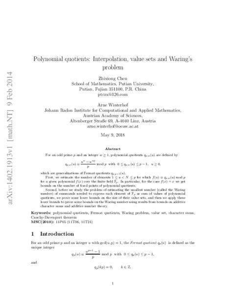 pdf polynomial quotients interpolation value sets and waring s problem