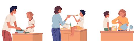부엌 테이블에서 요리 하는 사람들의 집합 웃는 어머니 아들과 딸과 함께 아버지 저녁 식사 베이킹 샐러드 만들기 식사를 준비하는 부모와 아이들 플랫 만화 벡터 일러스트레이션