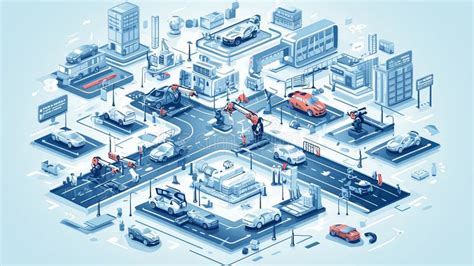 Futuristic Aerial View Of Automated Car Factory Concept With Robots Stock Illustration