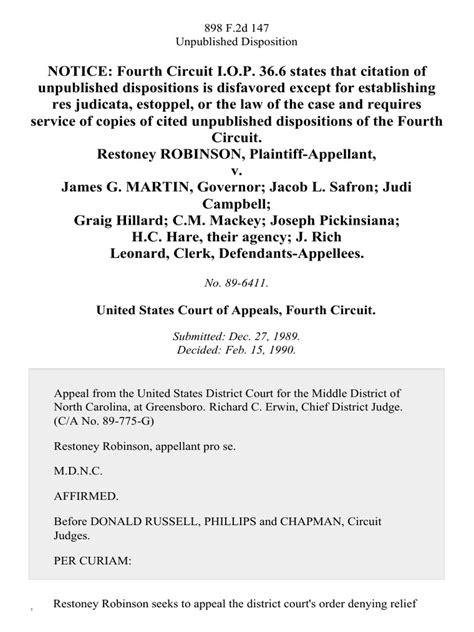 Fourth Circuit Appeal Affirmed Robinson V Martin Pdf Law