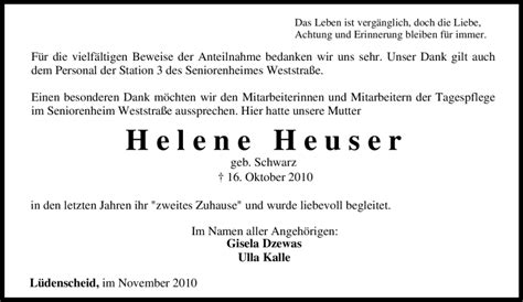Traueranzeigen Von Helene Heuser Trauer In Nrw De