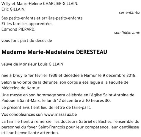 Avis De Décès De Marie Madeleine Deresteau Décédé Le 09122016 à Namur