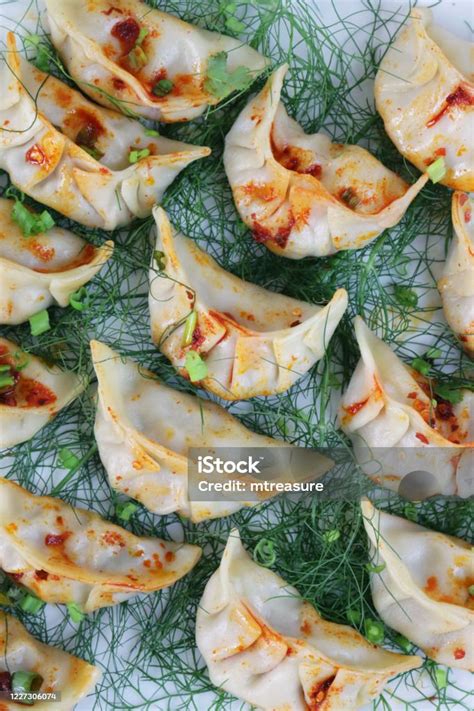 찐 모모 닭고기와 혼합 야채로 채워진 흰 밀가루와 물 반죽 칠리 오일 회향 침대에 뿌려 다진 파와 고수 잎으로 장식 한 풀 프레임 이미지 높은 전망 0명에 대한 스톡 사진