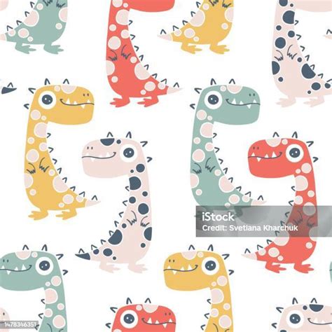 공룡 완벽 한 패턴입니다 간단한 스칸디나비아 리노컷 스타일의 큰 눈을 가진 손으로 그린 만화 공룡 캐릭터 벡터 그림입니다 흰색 배경에 트렌디한 파스텔 성 중립 팔레트 0명에