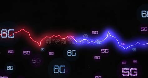 image of network of 5g and 6g text over glowing light trails on black background stock