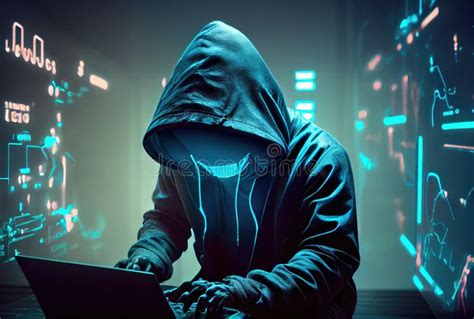 Hacker In The Black Hood In The Server Room Unrecognizable People Technology And Cybersecurity