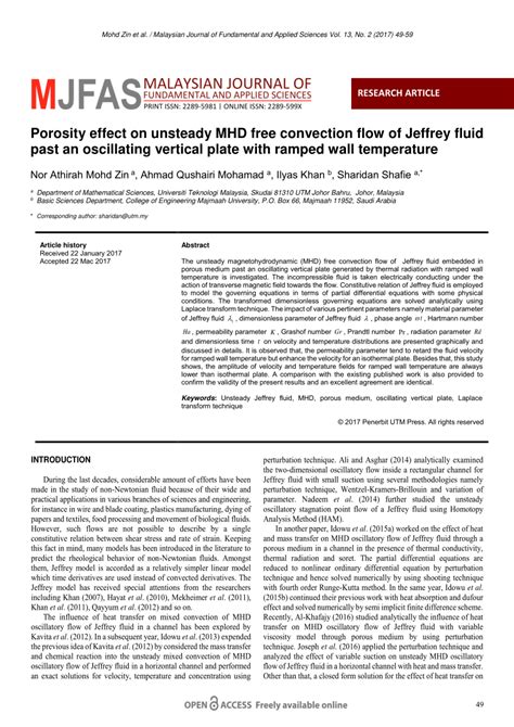 Pdf Porosity Effect On Unsteady Mhd Free Convection Flow Of Jeffrey Fluid Past An Oscillating
