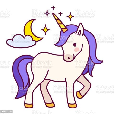 보라색 갈기 간단한 만화 벡터 일러스트 레이 션과의 귀여운 유니콘 단순한 평면 선 낙서 아이콘 현대적인 스타일 디자인 요소 흰색 절연입니다 마법의 생물 판타지 동화 꿈 테마