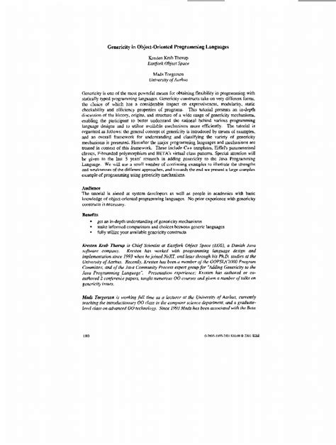 Genericity In Object Oriented Programming Languages Ieee Conference