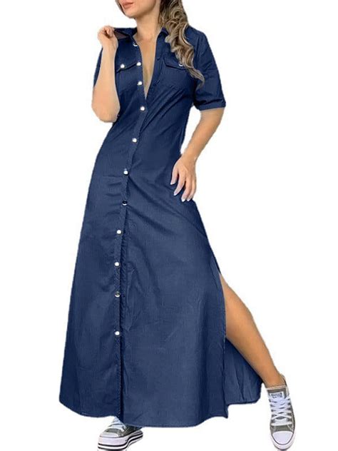 Lumento Plus Size 5xl Womens Summer Maxi Shirt Dress Button Denim