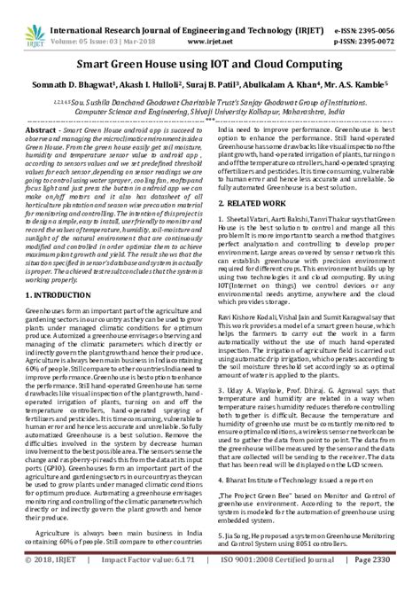 Pdf Smart Green House Using Iot And Cloud Computing