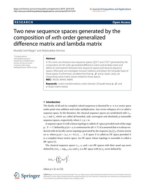 Pdf Two New Sequence Spaces Generated By The Composition Of Mth Order