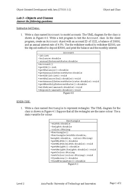 Lab 3 Object Oriented Development With Java Classes And Exercises