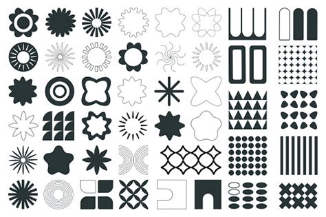 브루탈리스트 기하학적 모양 플랫 그래픽 디자인의 메가 세트 요소 단순 기호의 개체를 꽃 태양 별 원 사각형 그리드 곡선 등과 함께 묶습니다 벡터 일러스트 레이 션 0명에