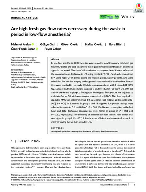 Pdf Are High Fresh Gas Flow Rates Necessary During The Wash‐in Period In Low‐flow Anesthesia
