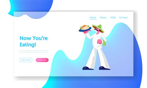 멕시코 음식 웹 사이트 방문 페이지 흰색 유니폼을 입고 전통적인 솜브레로를 입은 쾌활한 요리사가 신선한 식사 웹 페이지 배너가있는 라틴 요리 홀딩 트레이를 제시합니다 만화