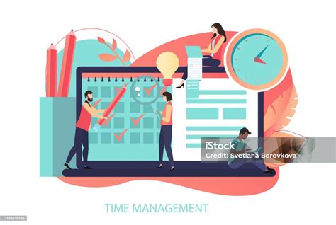 시간 관리 사람들은 일정을 계획 하 고 시간을 관리 합니다 전자 일기 및 시계와 산호 그림 달력에 대한 스톡 벡터 아트 및 기타 이미지 Istock