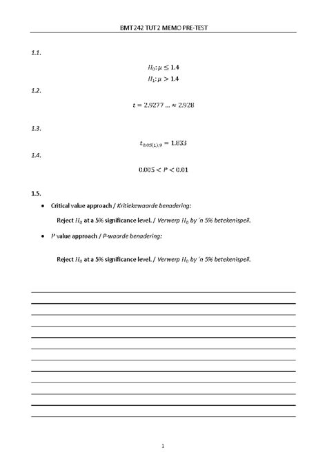Tut Memo Pre Test The Pre Test Memo To Tutorial Only Contains Answers BMT TUT