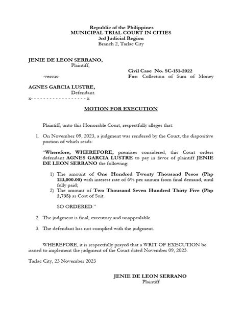 Motion For Issuance Of Writ Of Execution Pdf