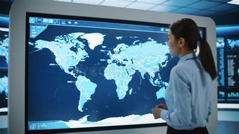 Woman Analyzing Global Data On Interactive World Map Display In Futuristic Control Room Stock