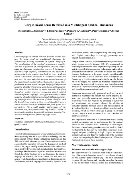 Pdf Corpus Based Error Detection In A Multilingual Medical Thesaurus