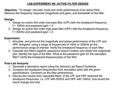Solved LAB EXPERIMENT 9 ACTIVE FILTER DESIGN Objective To Chegg Com