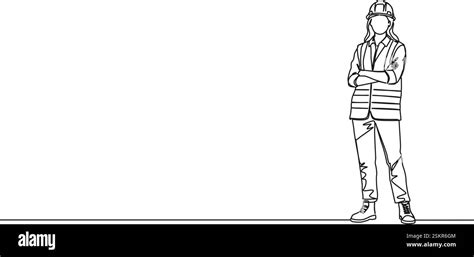 Continuous Single Line Drawing Of Female Construction Worker Or Civil