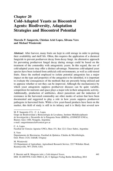 Pdf Cold Adapted Yeasts As Biocontrol Agents Biodiversity Adaptation Strategies And