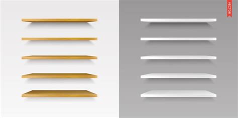 벽 배경에 고립 된 나무 선반 벡터의 집합 프리미엄 벡터