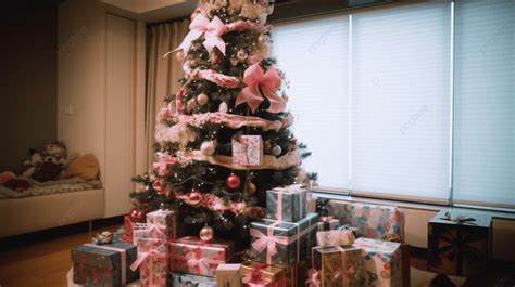 분홍색 선물로 장식된 분홍색 크리스마스 트리 크리스마스 선물 크리스마스 트리 크리스마스 색상 고화질 사진 사진 크리스마스 트리 배경 일러스트 및 사진 무료 다운로드