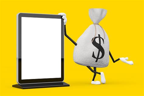 빈 무역 쇼 Lcd 화면 디스플레이 디자인에 대한 템플릿으로 스탠드와 함께 소박한 캔버스 리넨 돈 자루 또는 돈 가방과 달러 기호 문자 마스코트 묶여 3d 렌더링 Lcd에