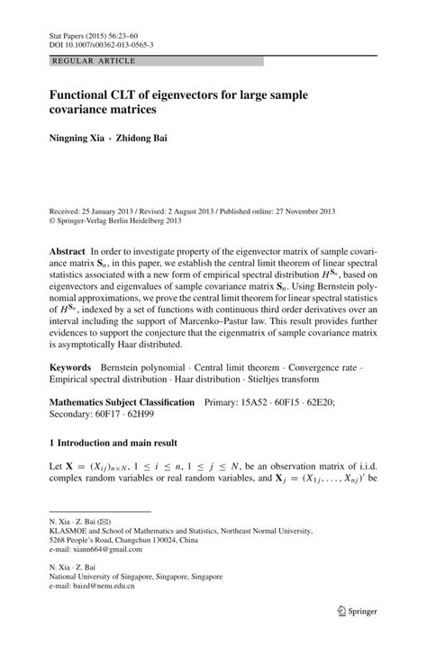 Pdf Functional Clt Of Eigenvectors For Large Sample Covariance Matrices
