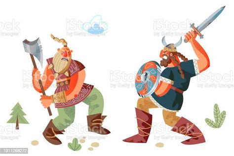 칼 방패와 도끼와 싸우는 바이킹 남자 중세 노르웨이 사람들은 전투 벡터 일러스트 흰색 배경에 고립 된 무기와 갑옷을 가진 성난 남자 3차원 형태에 대한 스톡 벡터 아트 및