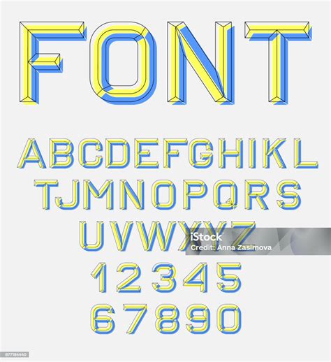 벡터 선형 폰트입니다 80 S 복고풍 알파벳 글꼴입니다 프로젝트의 디자인에 대 한 복고 스타일 옐로우 블루 알파벳 벡터 일러스트 레이 션 10 0명에 대한 스톡 벡터 아트