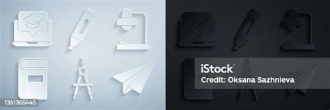 화면 노트북 아이콘에 드로잉 나침반 테이블 램프 책 종이 비행기 마커 펜 및 졸업 캡을 설정합니다 벡터 3차원 형태에 대한 스톡 벡터 아트 및 기타 이미지 Istock
